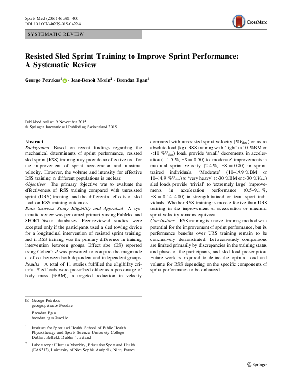 (PDF) Resisted Sled Sprint Training to Improve Sprint Performance: A Systematic Review