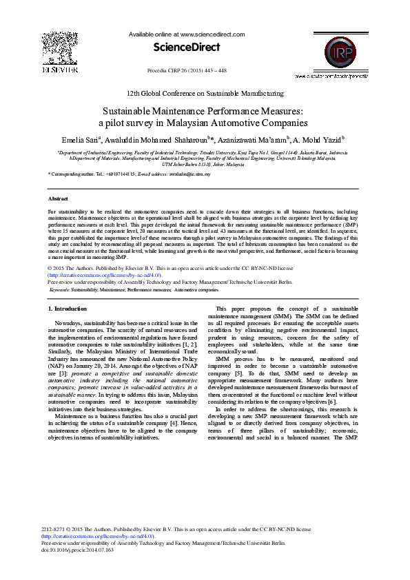 (PDF) Sustainable Maintenance Performance Measures: A Pilot Survey in ...