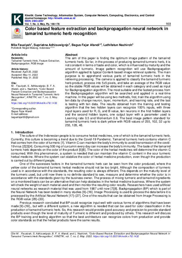 (PDF) Color Based Feature Extraction and Backpropagation Neural Network in Tamarind Turmeric ...