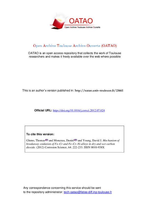 (PDF) Mechanism of breakaway oxidation of Fe–Cr and Fe–Cr–Ni alloys in ...