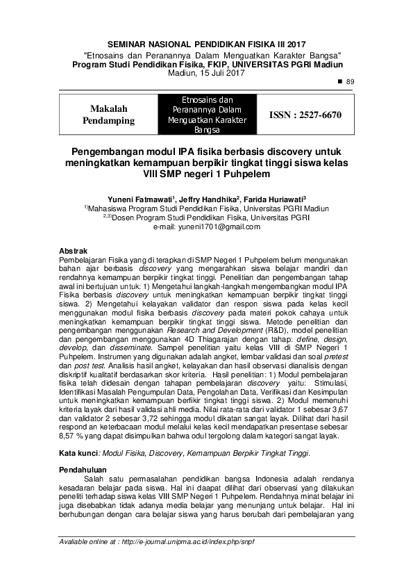 (PDF) SEMINAR NASIONAL PENDIDIKAN FISIKA III Makalah Pendamping Pengembangan Modul Pembelajaran ...
