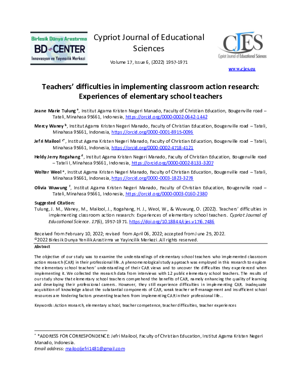 (PDF) Teachers’ difficulties in implementing classroom action research: Experiences of ...