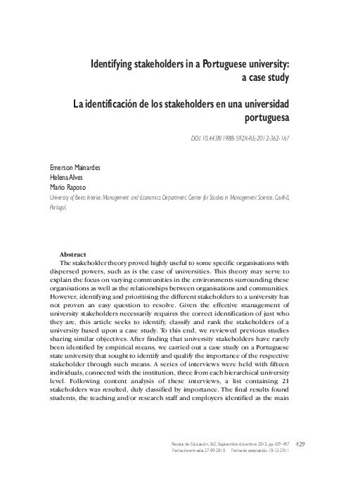 (PDF) Identifying stakeholders in a Portuguese university: a case study