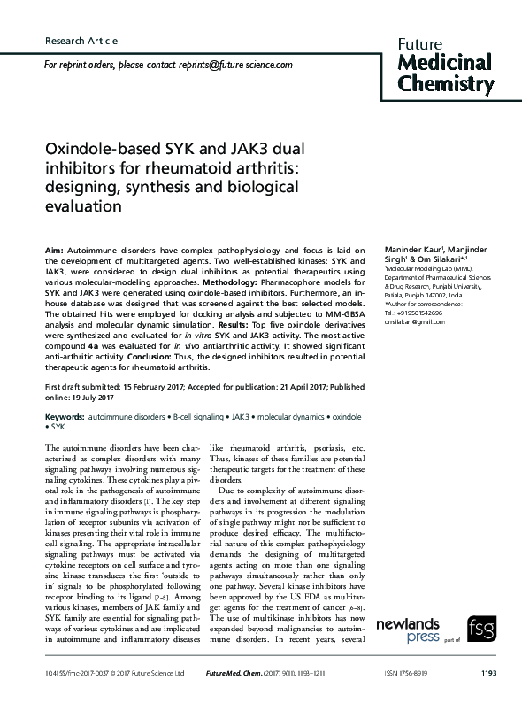 (PDF) Oxindole-based SYK and JAK3 dual inhibitors for rheumatoid ...