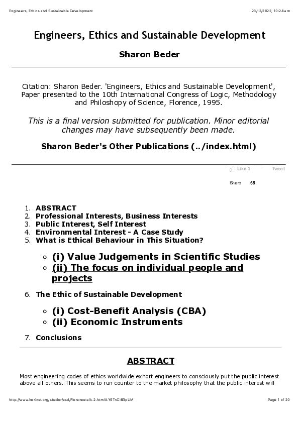 (PDF) Engineers, Ethics and Sustainable Development | Sharon Beder ...