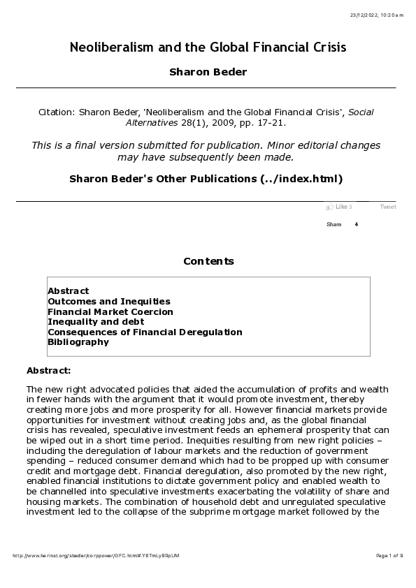 (PDF) Neoliberalism and the Global Financial Crisis | Sharon Beder ...