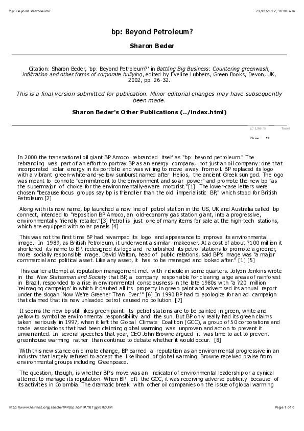 (PDF) bp: Beyond Petroleum? | Sharon Beder - Academia.edu