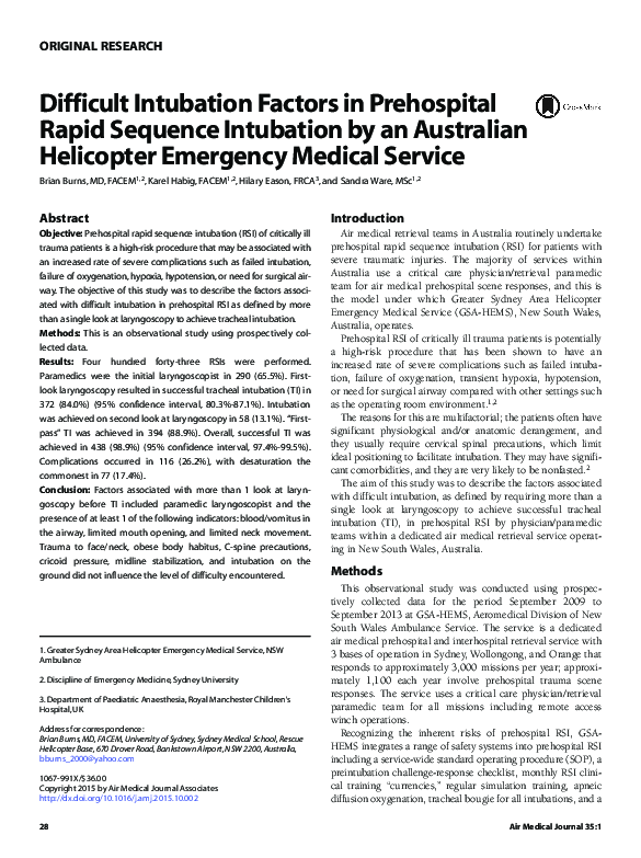 (PDF) Difficult Intubation Factors in Prehospital Rapid Sequence Intubation by an Australian ...