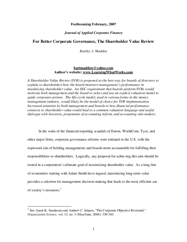 (PDF) For Better Corporate Governance, The Shareholder Value Review