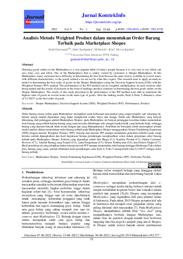 (PDF) Analisis Metode Weighted Product dalam menentukan Order Barang ...