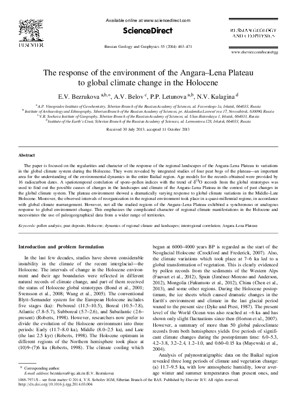 (PDF) The response of the environment of the Angara–Lena Plateau to ...