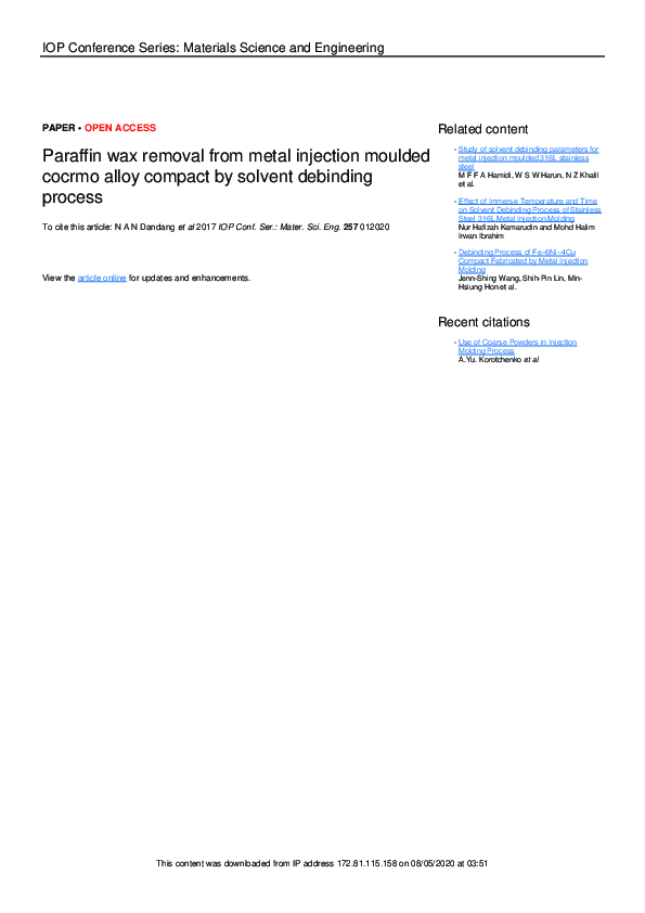 (PDF) Paraffin wax removal from metal injection moulded cocrmo alloy ...