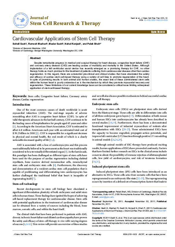(PDF) Cardiovascular Applications of Stem Cell Therapy