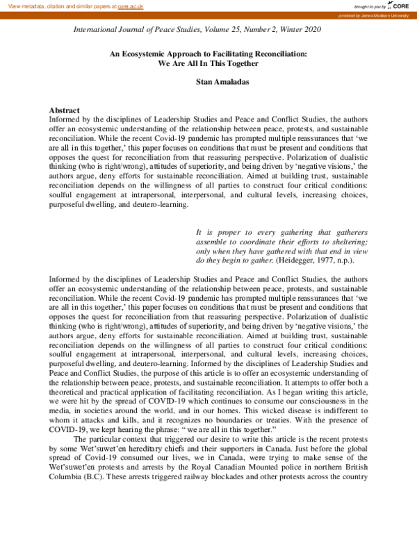 (PDF) An Ecosystemic Approach to Facilitating Reconciliation: We Are All In This Together