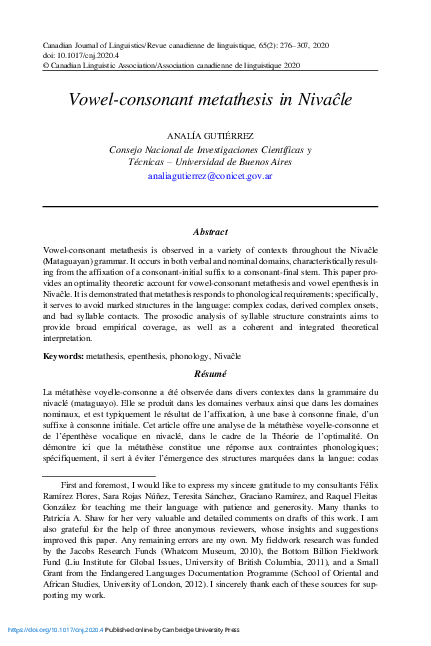 (PDF) Vowel-consonant metathesis in Nivaĉle