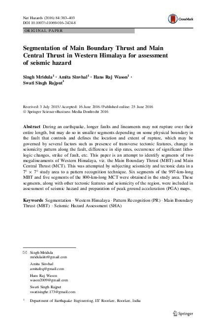 Pdf Segmentation Of Main Boundary Thrust And Main Central Thrust In