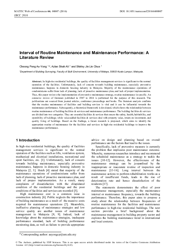 (PDF) Interval of Routine Maintenance and Maintenance Performance: A ...