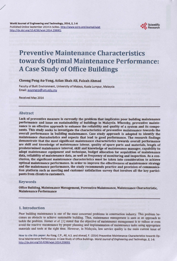 (PDF) Preventive Maintenance Characteristics towards Optimal Maintenance Performance: A Case ...