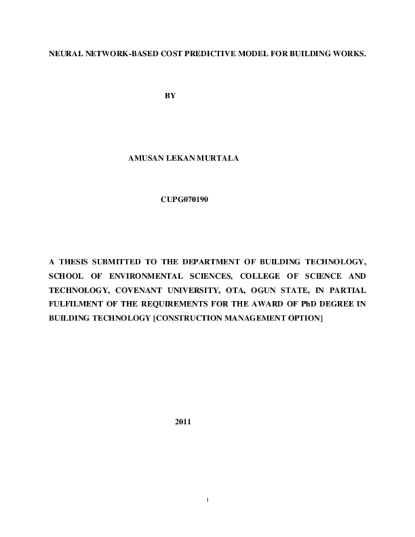 Pdf Neural Network Based Cost Predictive Model For Building Works