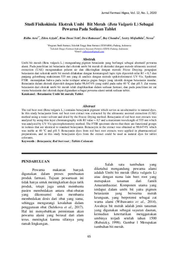 (PDF) Studi Fisikokimia Ekstrak Umbi Bit Merah (Beta Vulgaris L ...