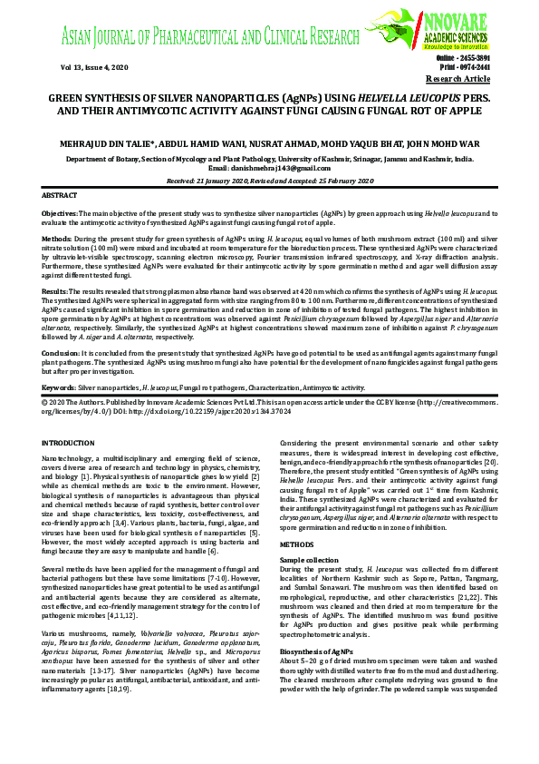 (PDF) Green Synthesis of Silver Nanoparticles (AgNPs) Using Talinum ...