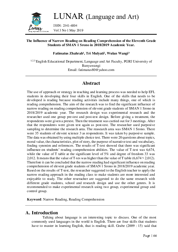 (PDF) The Influence of Narrow Reading on Reading Comprehension of the ...