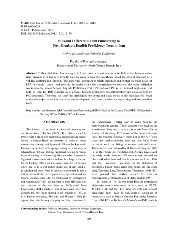 (PDF) Differential item functioning on two tests of EFL proficiency