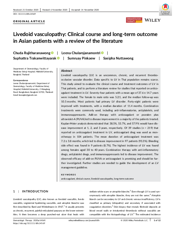 (PDF) Livedoid vasculopathy: Clinical course and long‐term outcome in ...