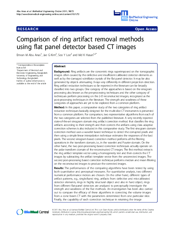 (PDF) Comparison of ring artifact removal methods using flat panel detector based CT images