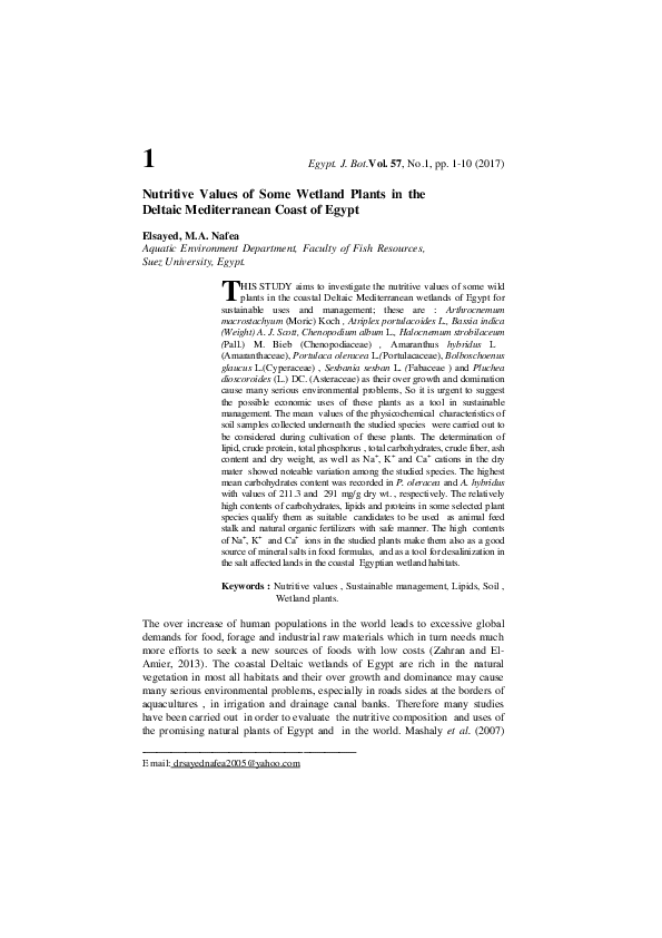 (PDF) Nutritive Values of Some Wetland Plants in the Deltaic ...