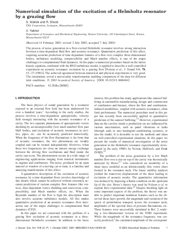 (PDF) Numerical simulation of the excitation of a Helmholtz resonator by a grazing flow