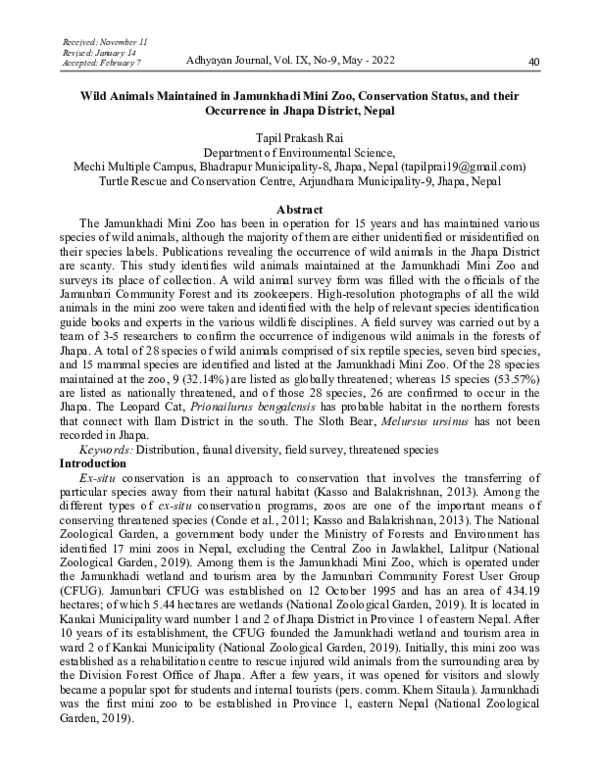 (PDF) Wild Animals Maintained in Jamunkhadi Mini Zoo, Conservation ...