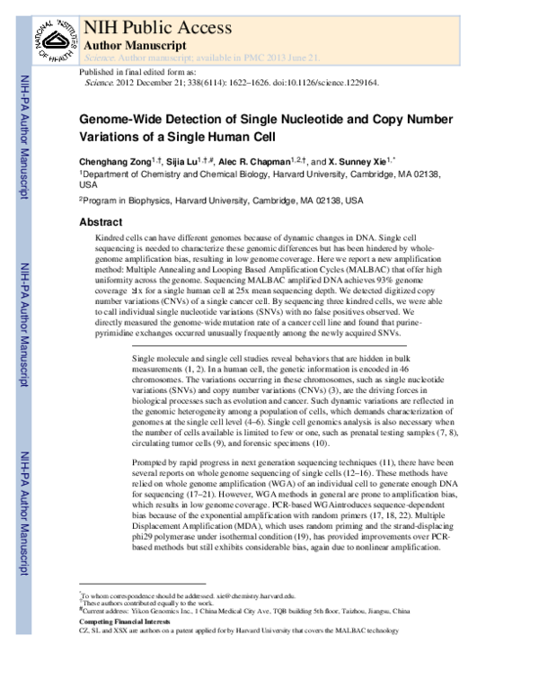 (PDF) Genome-Wide Detection of Single-Nucleotide and Copy-Number Variations of a Single Human Cell