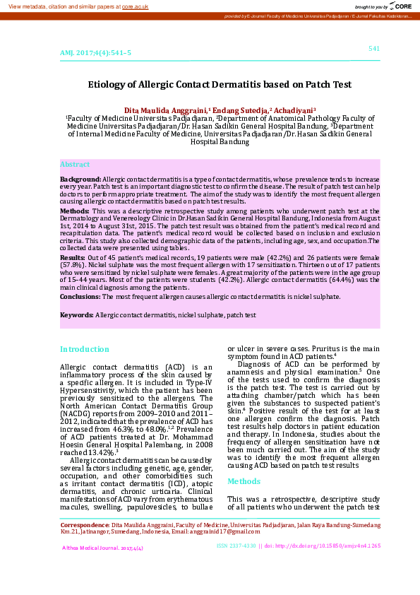 (PDF) Etiology of Allergic Contact Dermatitis based on Patch Test
