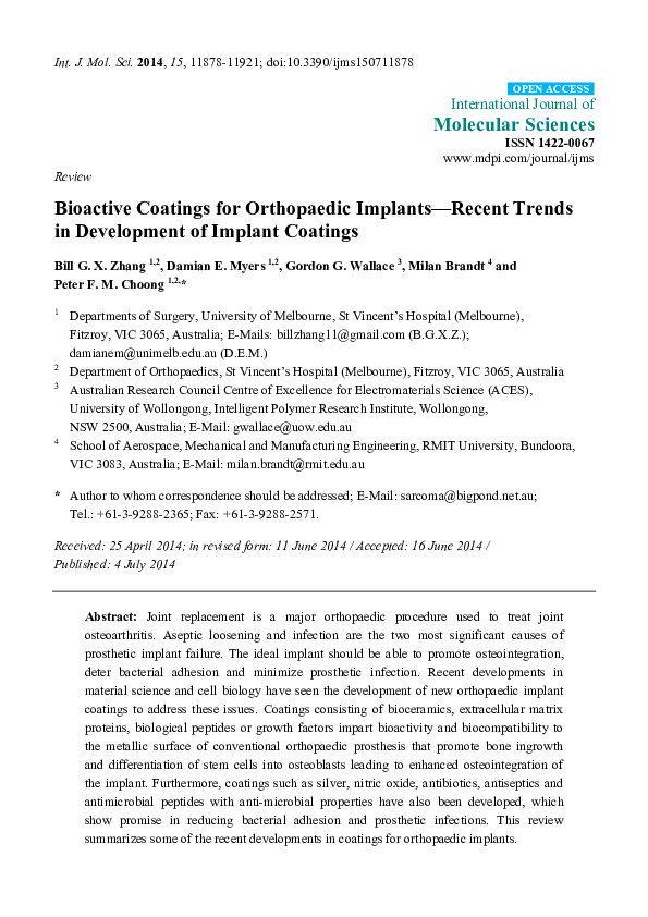 (PDF) Review Bioactive Coatings for Orthopaedic Implants—Recent Trends ...