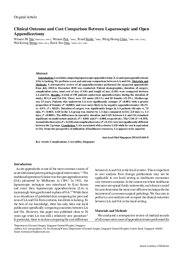 (PDF) Clinical Outcome and Cost Comparison Between Laparoscopic and ...