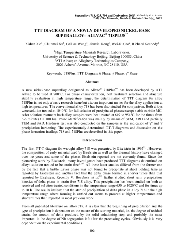 (PDF) TTT Diagram of a Newly Developed Nickel-Base Superalloy - Allvac ...