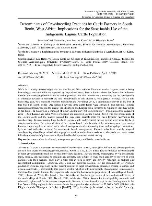 (PDF) Determinants of Crossbreeding Practices by Cattle Farmers in South Benin, West Africa ...