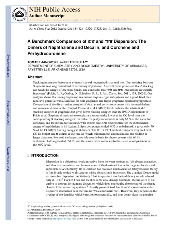 (PDF) A Benchmark Comparison of σ/σ and π/π Dispersion: the Dimers of ...