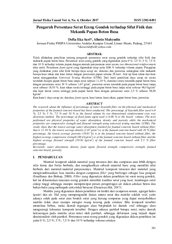 (PDF) Pengaruh Persentase Serat Eceng Gondok terhadap Sifat Fisik dan Mekanik Papan Beton Busa