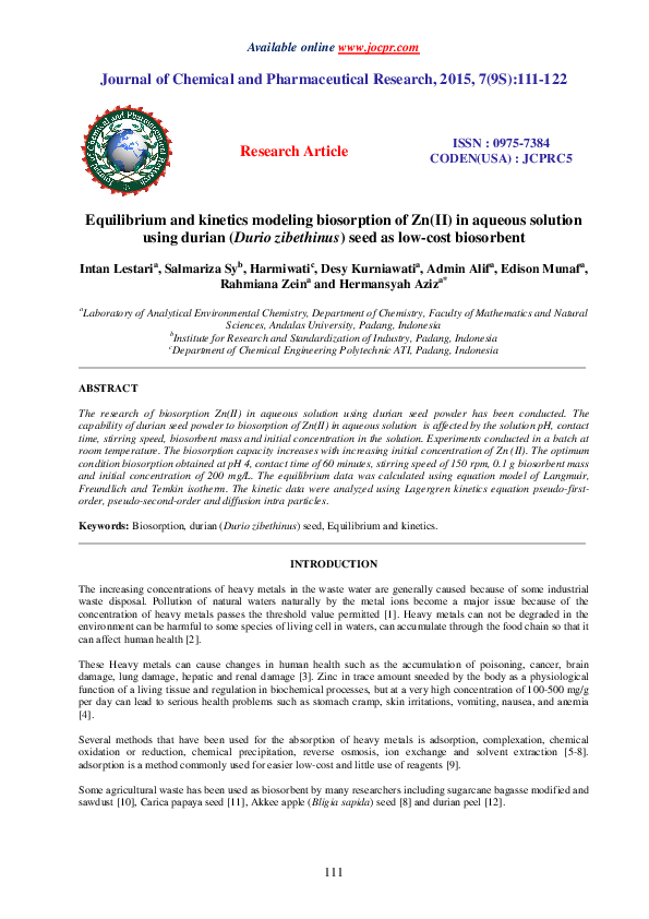 (PDF) Equilibrium and kinetics modeling biosorption of Zn(II) in aqueous solution using durian ...