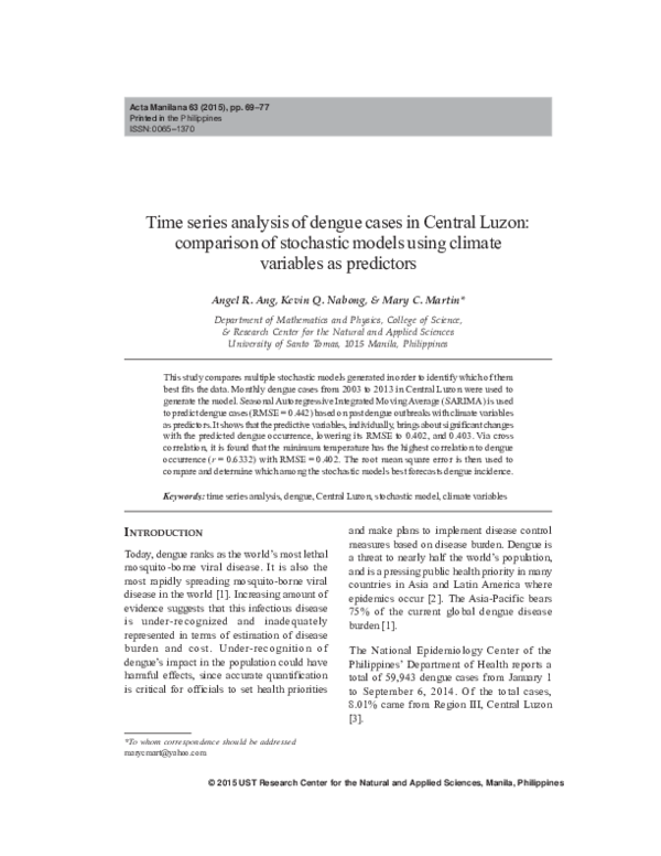 Pdf Time Series Analysis Of Dengue Cases In Central Luzon Comparison Of Stochastic Models