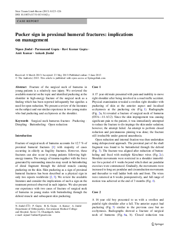 (PDF) Pucker sign in proximal humeral fractures: implications on management
