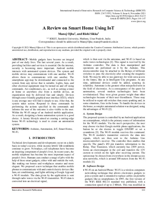 (PDF) A Review on Smart Home Using IoT