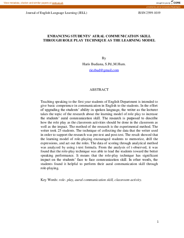 (PDF) Enhancing Students’ Aural Communication Skill Through Role Play Technique as the Learning ...