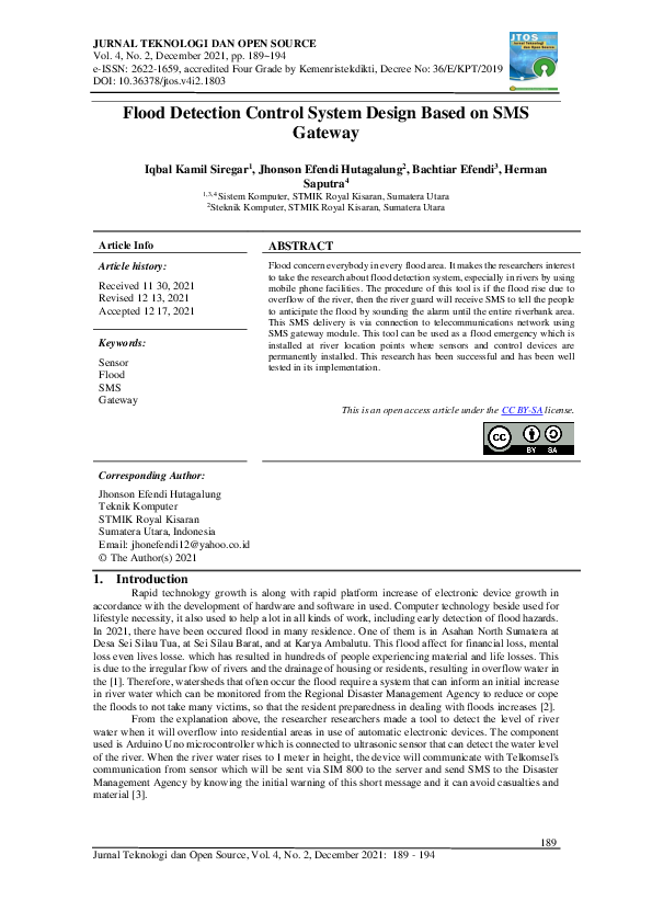 Pdf Flood Detection Control System Design Based On Sms Gateway
