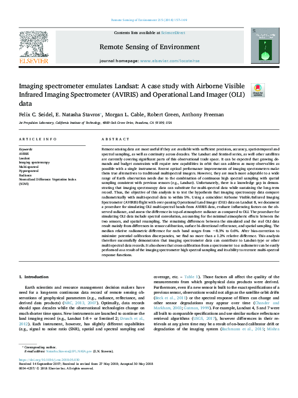 (PDF) Imaging spectrometer emulates Landsat: A case study with Airborne ...