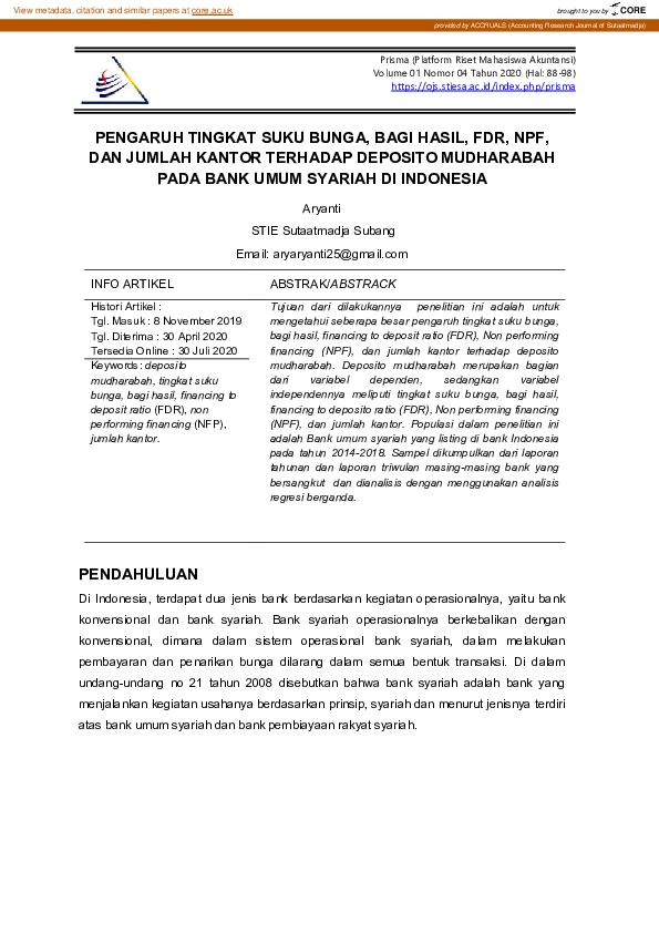 (PDF) Pengaruh Tingkat Suku Bunga, Bagi Hasil, FDR, NPF, Dan Jumlah Kantor Terhadap Deposito ...