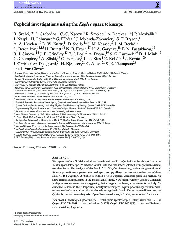 (PDF) Cepheid investigations using the Kepler space telescope