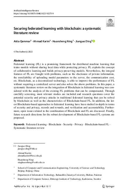 (PDF) Securing federated learning with blockchain: a systematic literature review